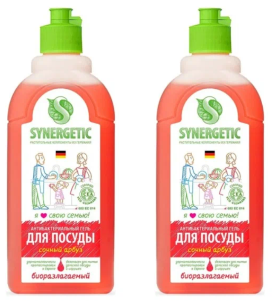 Средство для мытья посуды, детских игрушек Synergetic, с ароматом арбуза, 500 мл, 2 шт
