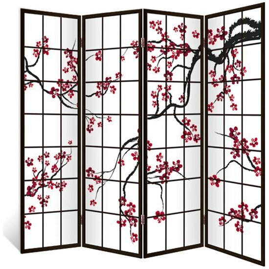 Ширма перегородка Декор Депо для комнаты деревянная "Вид на цветущий сад" двухсторонняя с картинкой (цветы) 4 створки венге 176х185 см 14 кг