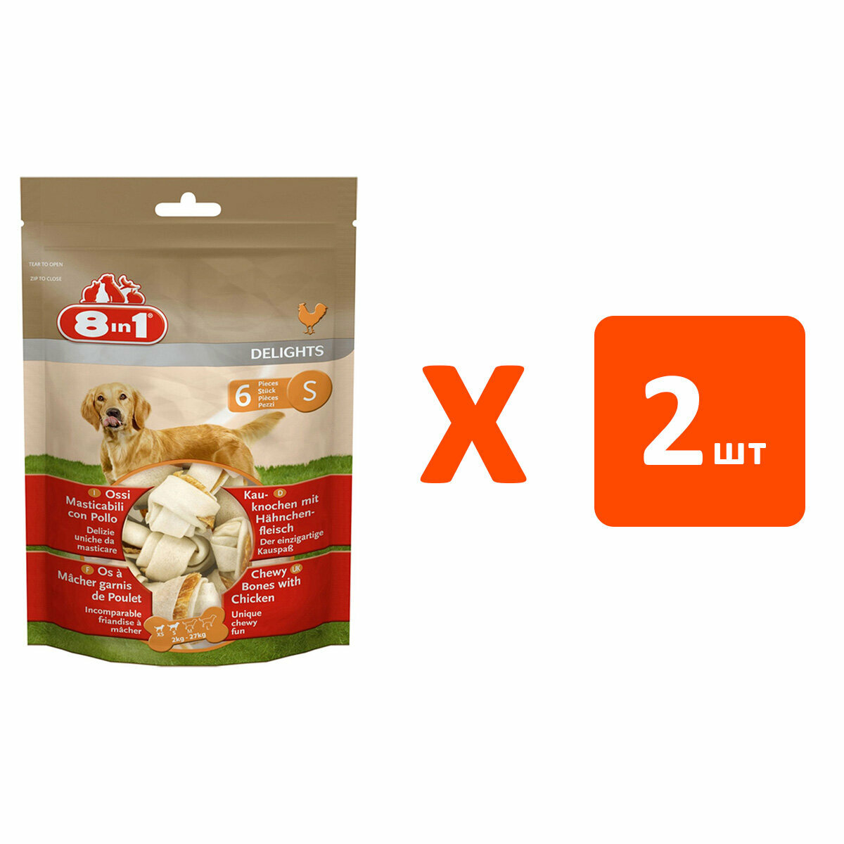 Лакомство 8 IN 1 DELIGHTS S для собак маленьких и средних пород косточки с куриным мясом 11 см 6 шт (1 уп х 2)