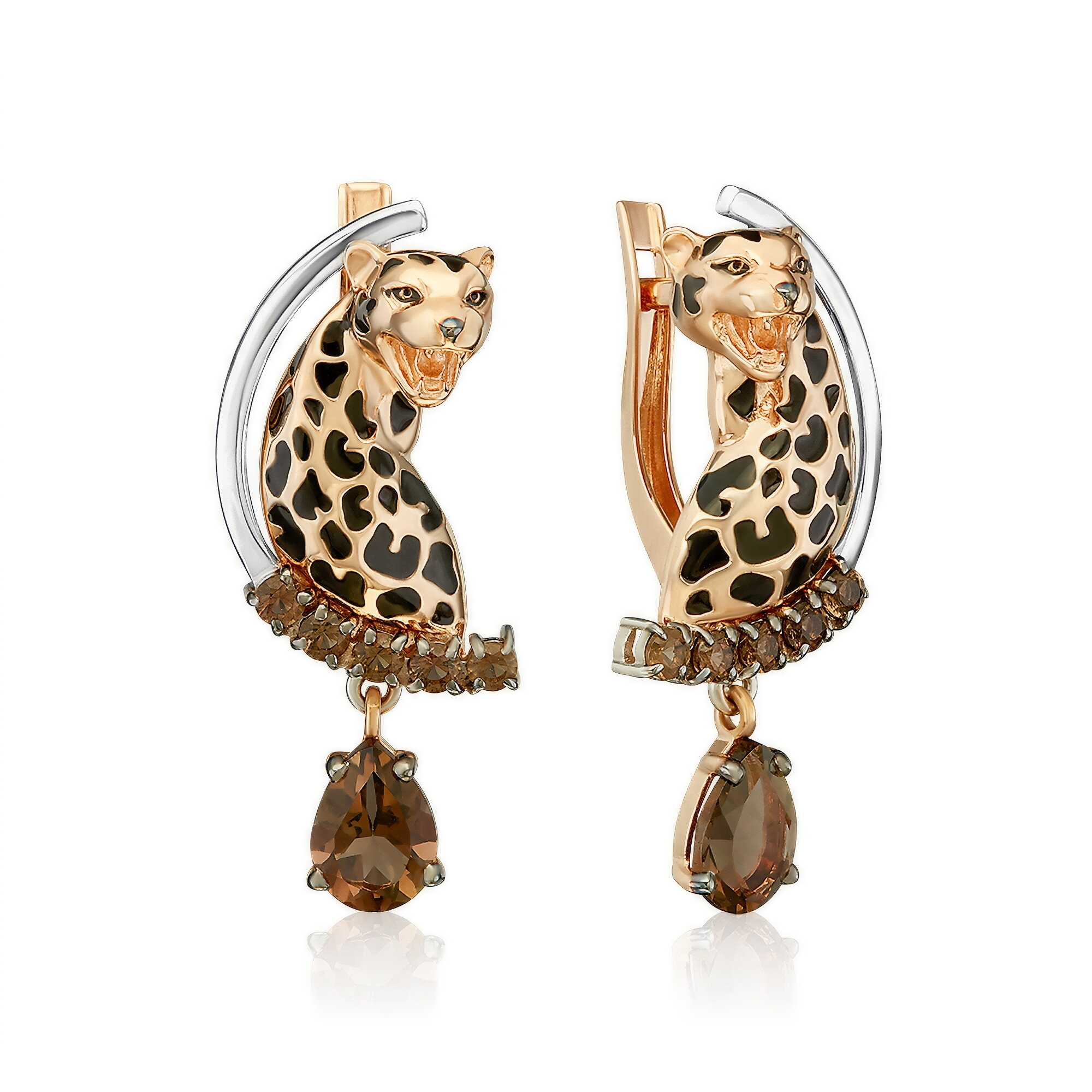 Серьги, красное золото, 585 проба, эмаль, кварц