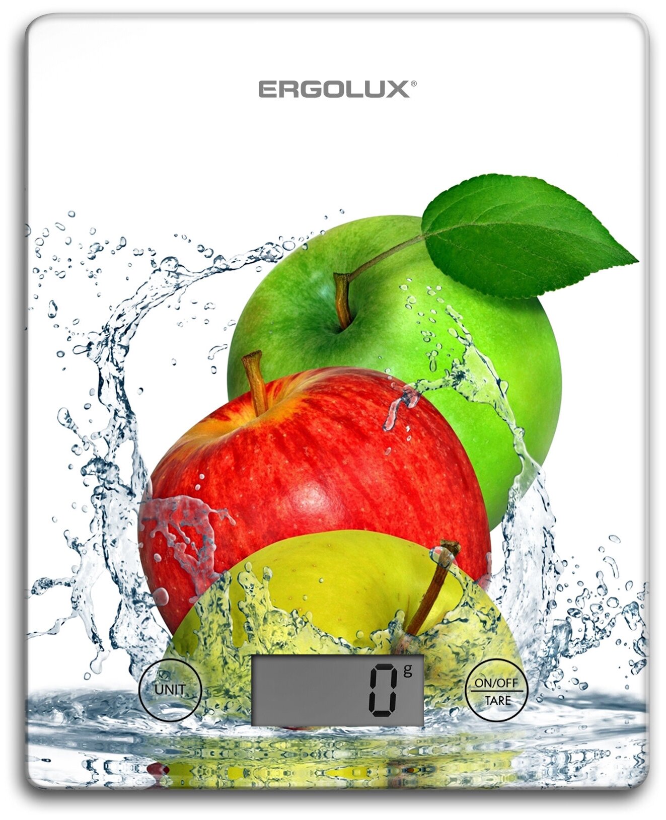 Весы кухонные ERGOLUX ELX-SK02-С01 электронные, стеклянная платформа, белые, яблоки