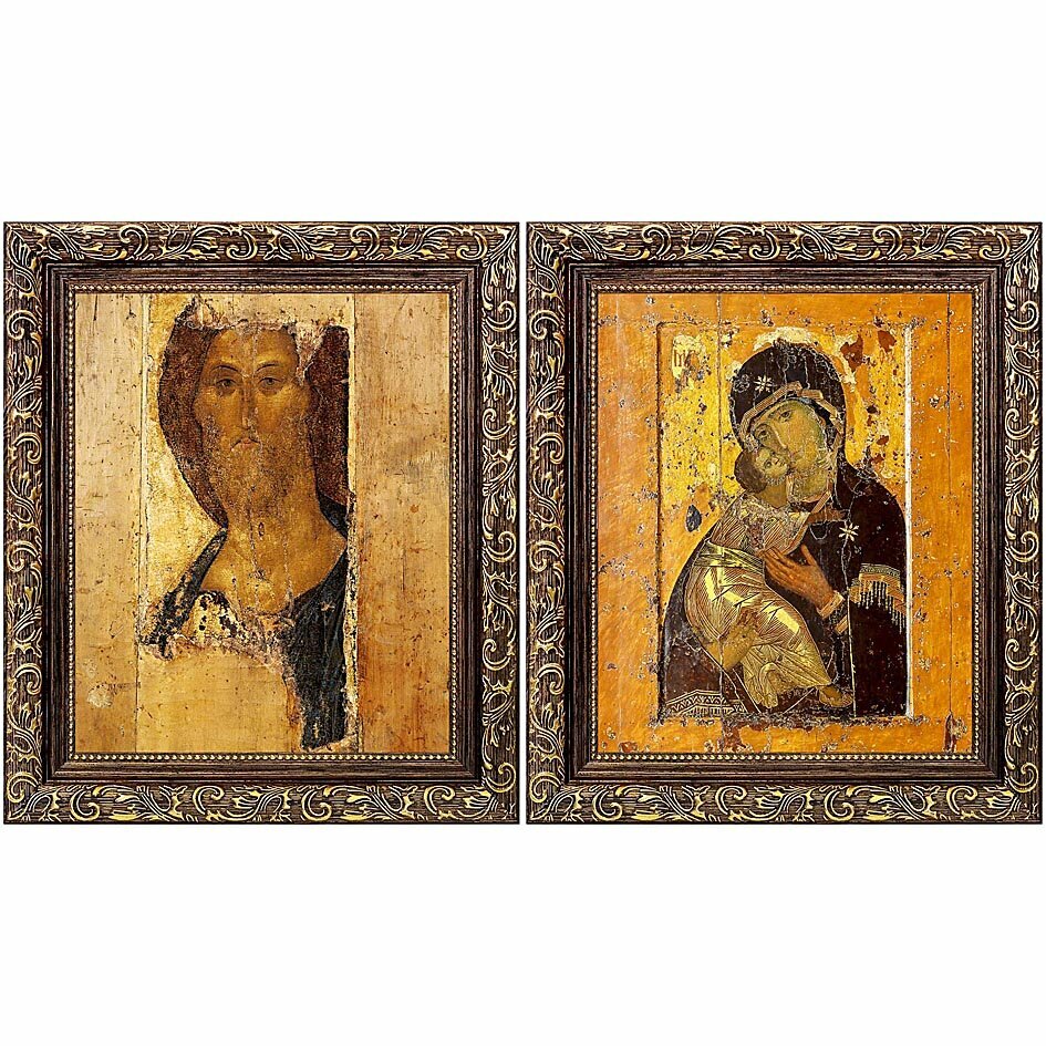 Венчальная пара "Спас Вседержитель (Андрей Рублев, 1410 г) - Владимирская икона Божией Матери (XII в)", две иконы в широких темных пластиковых рамках 22*25,5 см