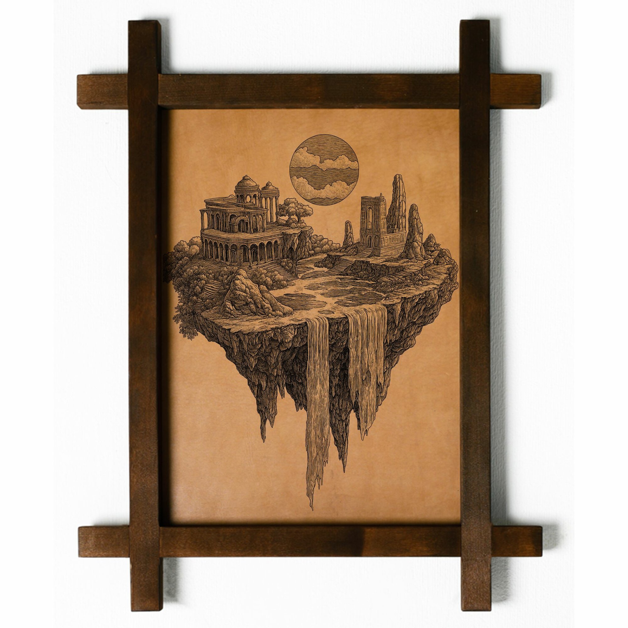 Интерьерная картина из натуральной кожи "Парящий остров с водопадом", декоративное настенное панно в деревянной раме, BoomGift