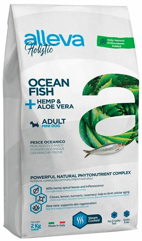 Корм Аллева Холистик для взрослых собак мелких пород, с океанической рыбой, коноплей и алое вера, 2 кг