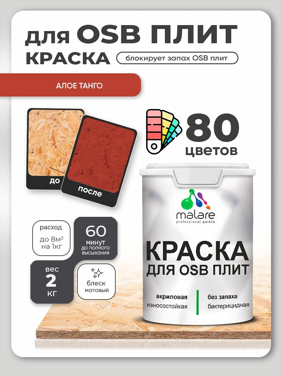 Акриловая краска для ОСБ плит Malare для дерева для наружных и внутренних работ, быстросохнущая без запаха матовая, алое танго, 2 кг