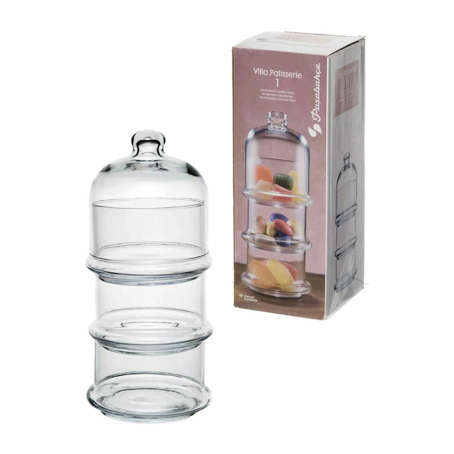 Менажница-этажерка Pasabahce "Villa Patisserie", с крышкой, 3 емкости, высота 222 мм, стекло (96986)