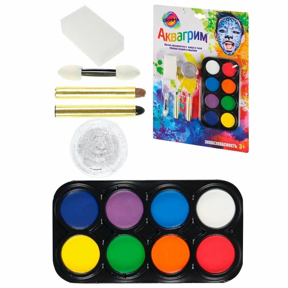 Аквагрим Рыжий кот 8 цветов, 2 карандаша, гель для тела и лица, спонж, аппликатор, от 3 лет, в блистере