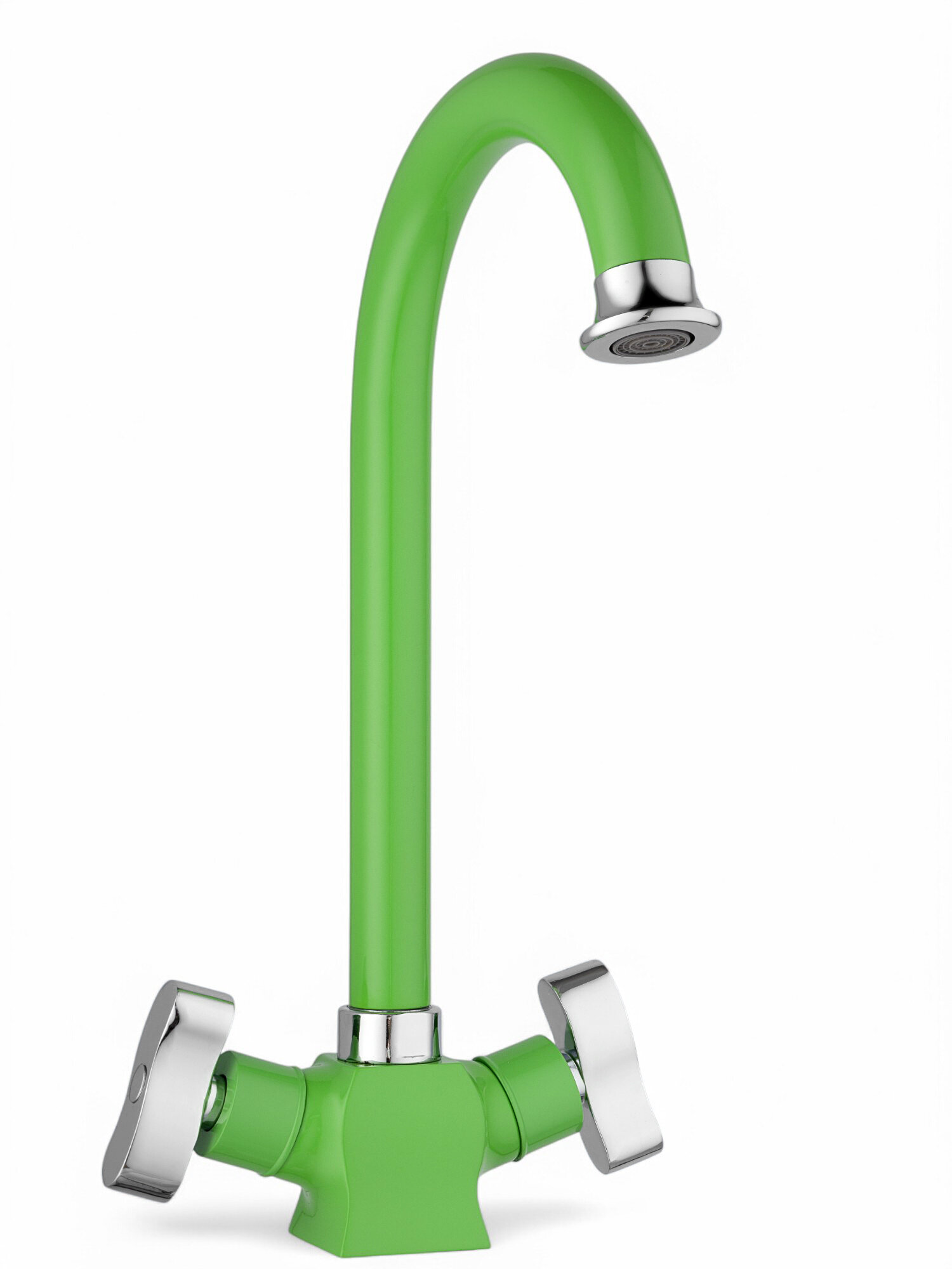 Смеситель для кухни с высоким изливом и вентильными хромированными ручками, зеленый