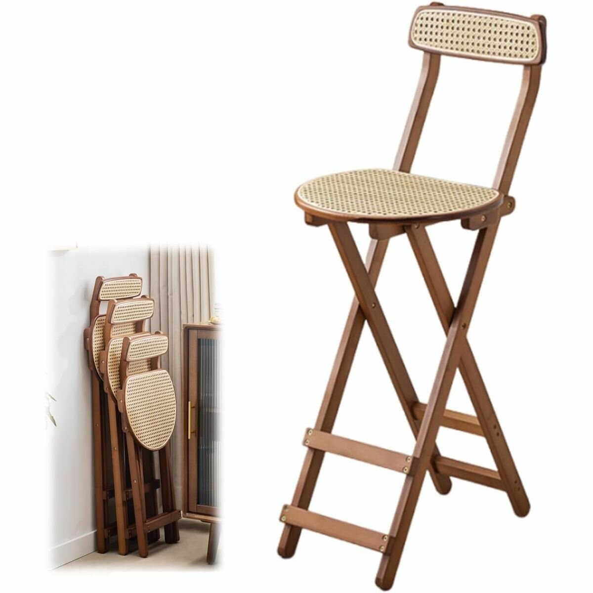 Табурет складной, Барный стул с ротанговой спинкой