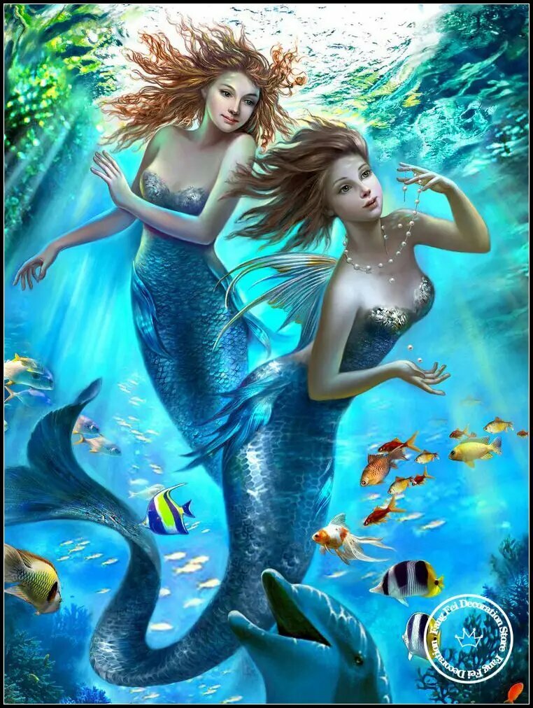 Алмазная мозаика на подрамнике "Русалочка Ангел" круглые бриллианты 40х50см