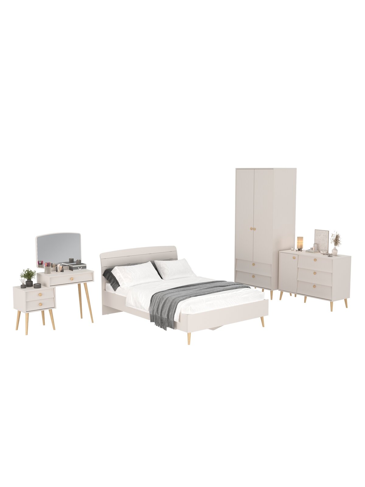 Кровать 1400 Афина с комодом и туалетным столиком и шкафом для одежды, кашемир серый, 4 предмета