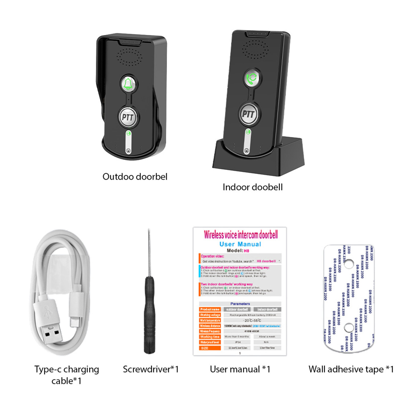 Беспроводной домофон с перезаряжаемой батареей, дальность действия 1000 м/3280 футов, интеллектуальный дверной звонок для дома и офиса, двусторонняя связь в режиме реального времени, 3 уровня громкости, водонепроницаемый электронный звонок.