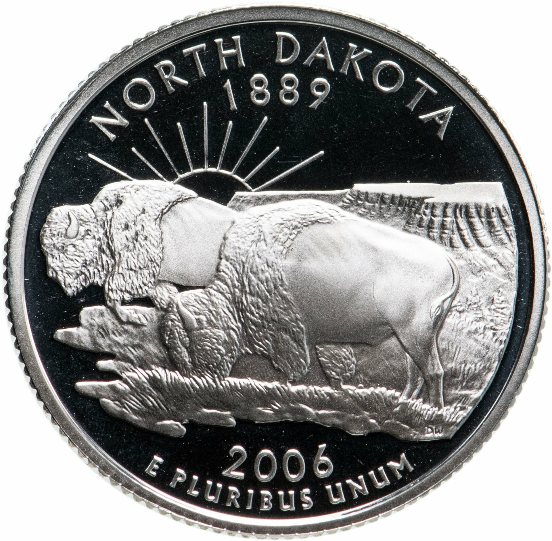 США 25 центов квотер, 1/4 доллара, quarter dollar 2006 S PROOF "Квотер штата Северная Дакота", знак монетного двора: "S" - Сан-Франциско, Медь