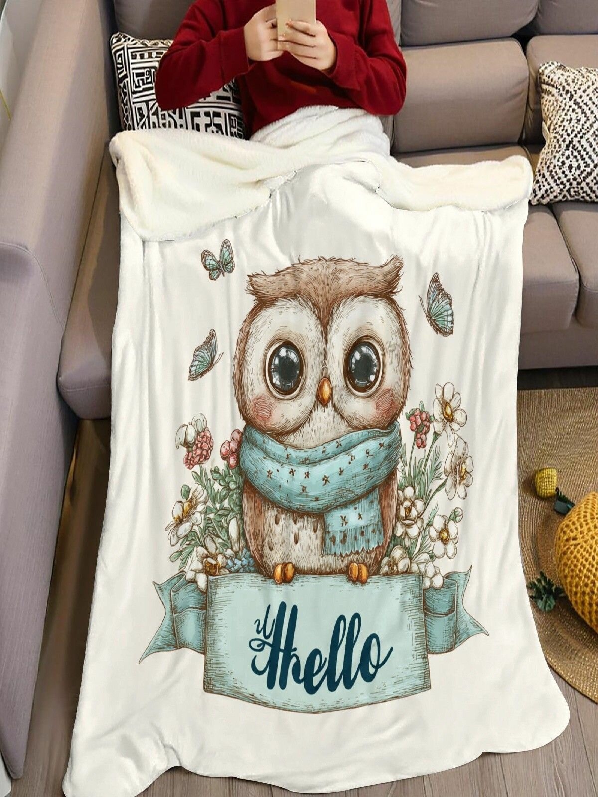Плед 240x220 cm, пушистое мягкое одеяло с мультяшная сова принтом, уютное покрывало для дивана