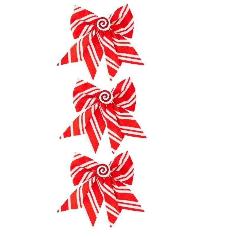 3 рождественских бантика из конфет в красную и белую полоску, подвеска на Рождественскую елку -в тонкую полоску
