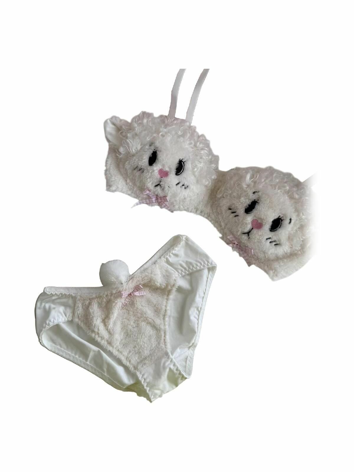 Женский комплект белья из меха: плюшевый бюстгальтер и трусики с большими глазами барашка, Белый - XL