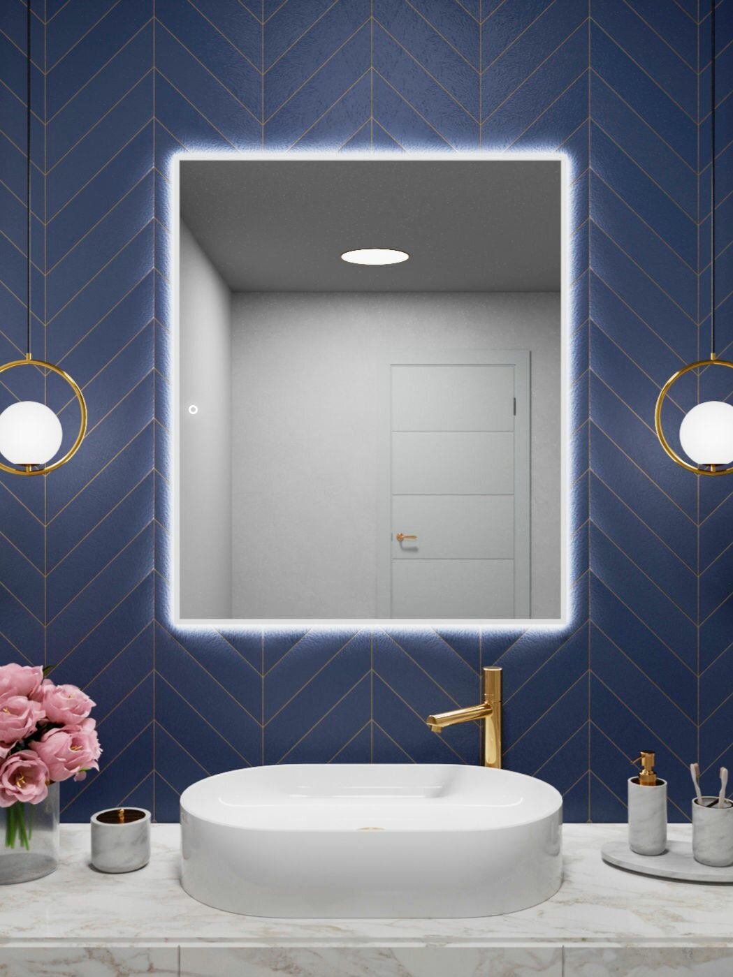 Зеркало настенное 90х70 см. ONE MARKET с подсветкой в ванную сенсорное в алюминиевой раме, Белое