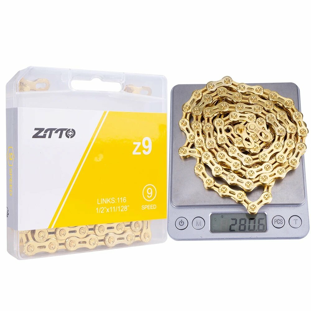 Цепь велосипедная ZTTO Z9 9 скоростей, 116 звеньев, золотая