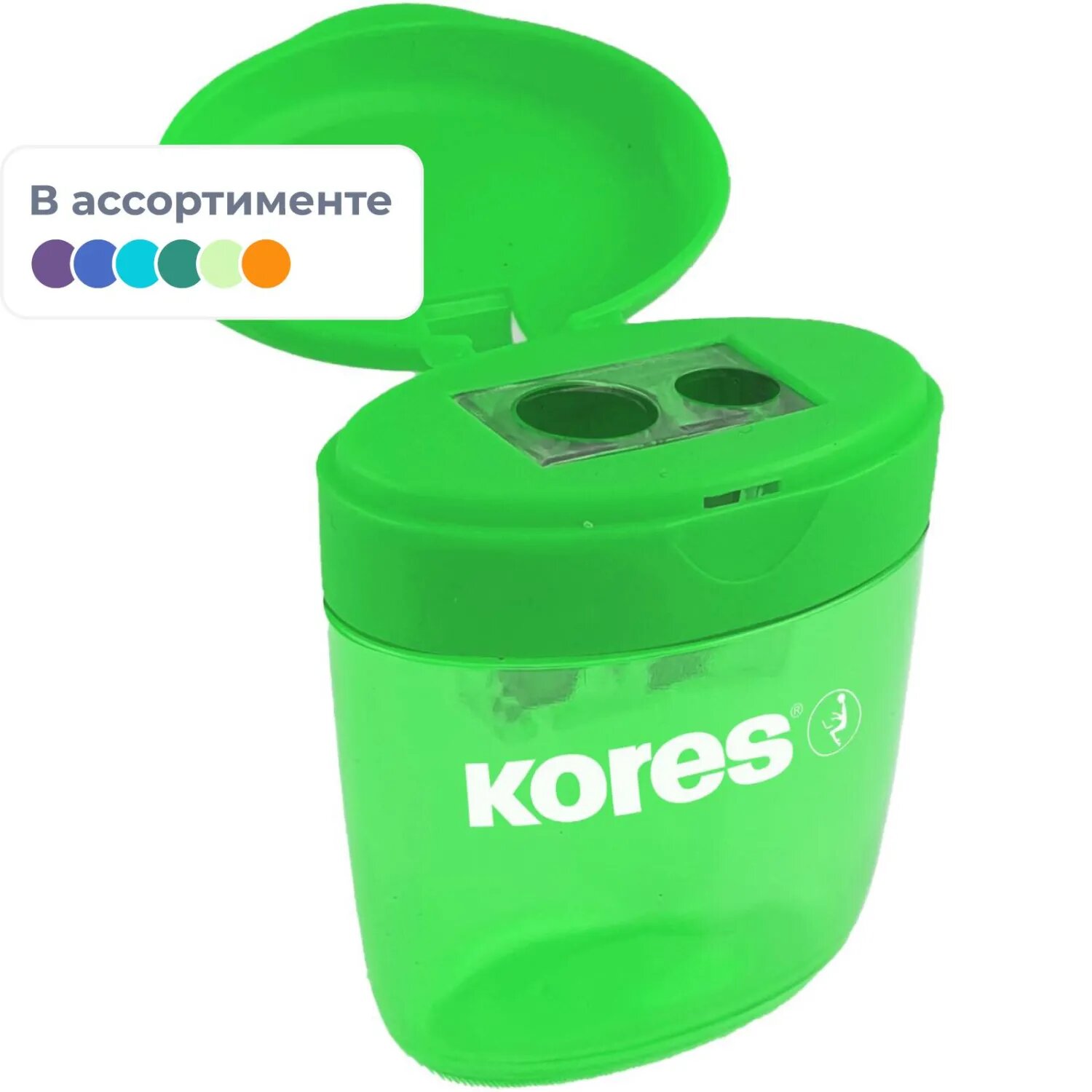 Точилка для карандашей Kores Deposito с контейнером, 2 отв, пластик, ассорти
