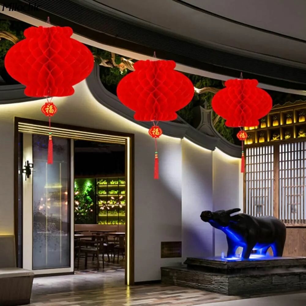 10, Новогодние красные бумажные фонарики, висячие фонарики