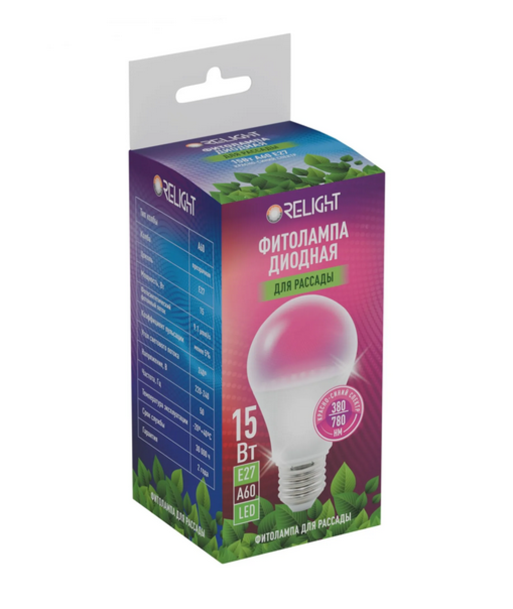 Фитолампа RELIGHT RF6027-15RB, E27, 15Вт, красно-синий свет, длина A60