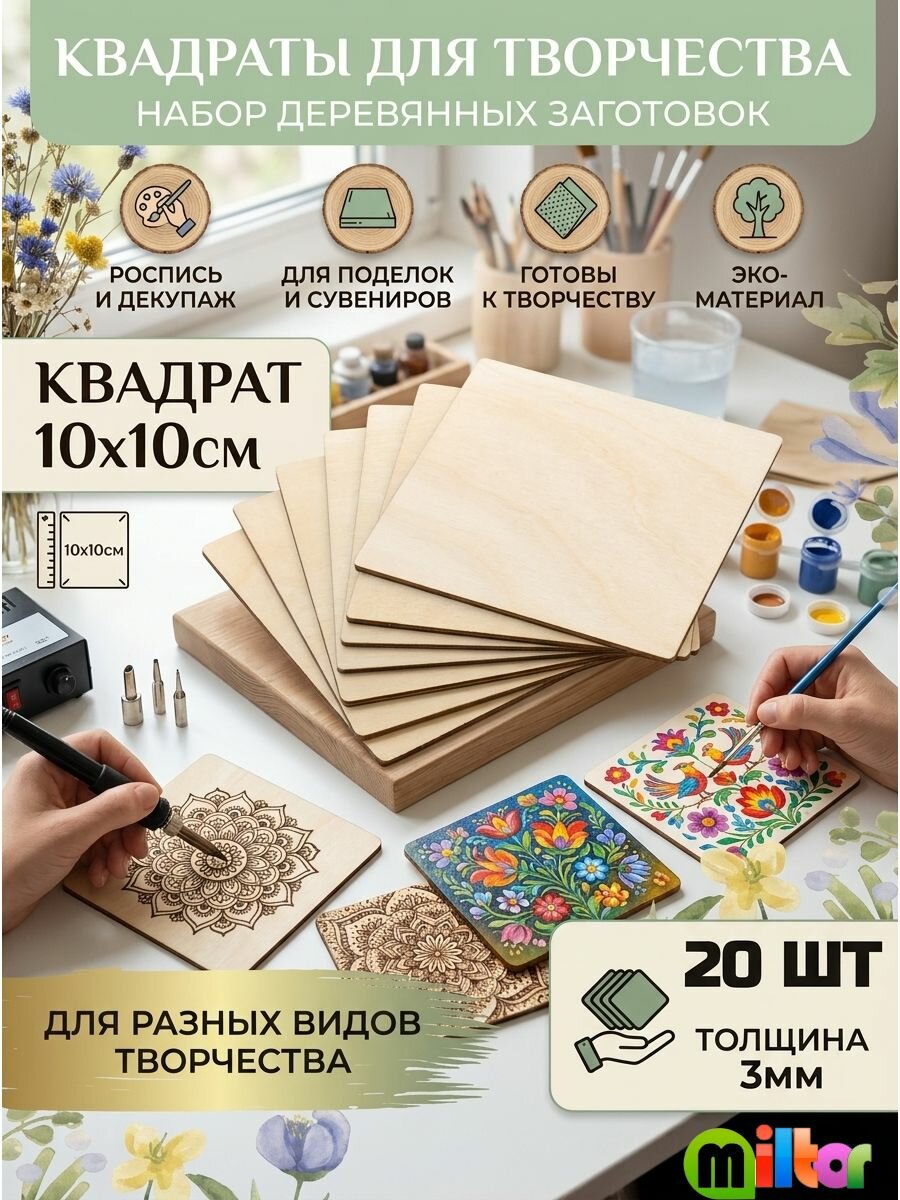 Доски квадраты, заготовки для творчества квадратные, 20 шт