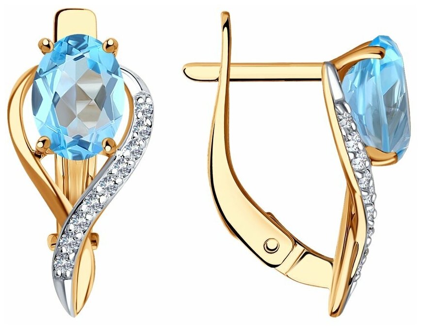 Серьги, красное золото, 585 проба, топаз, фианит