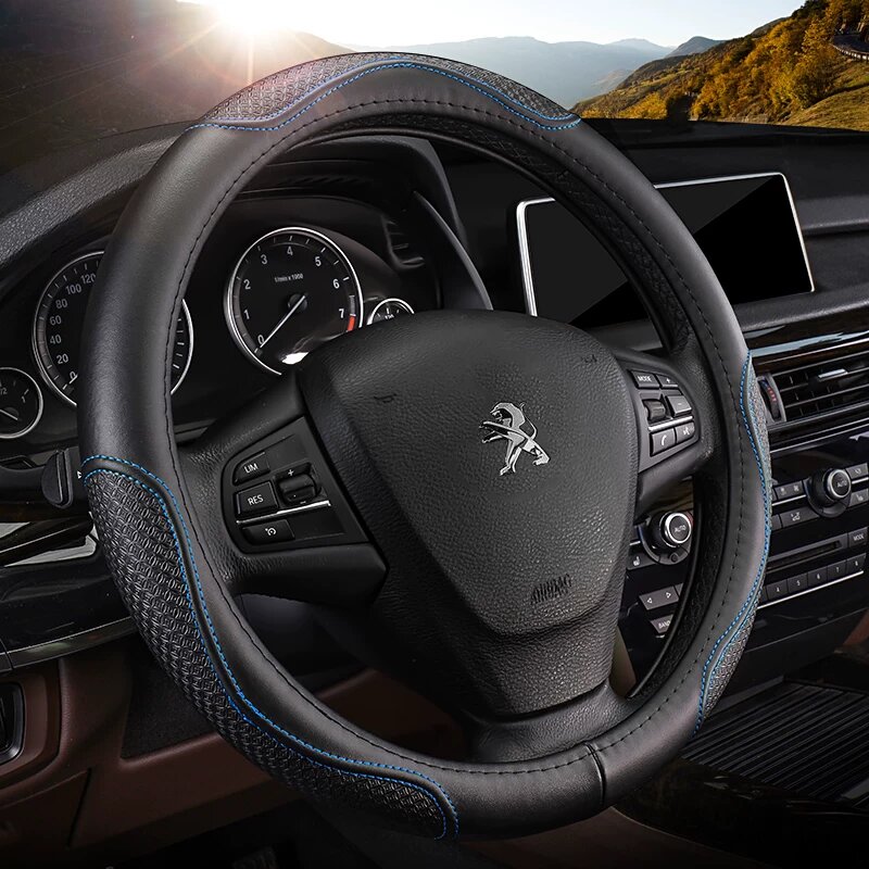 Кожаный чехол на рулевое колесо для моделей Peugeot 408, 308, 307, 301, 207, 508L, 206 - Черно-синий