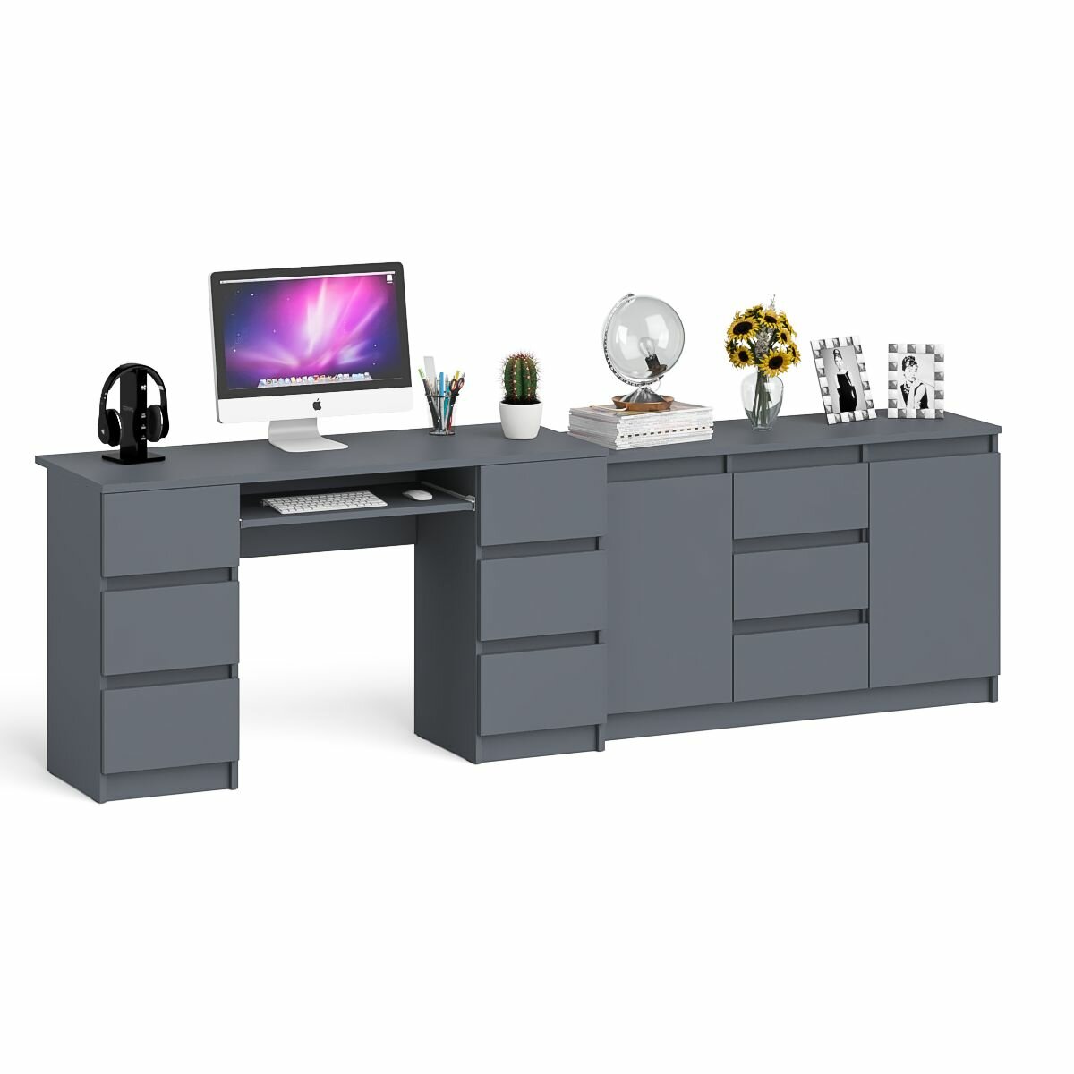 Комод-тумба СВК Мори МК1200.3 со столом компьютерным двухтумбовым цвет графит, 255,8х50х76,6 см.