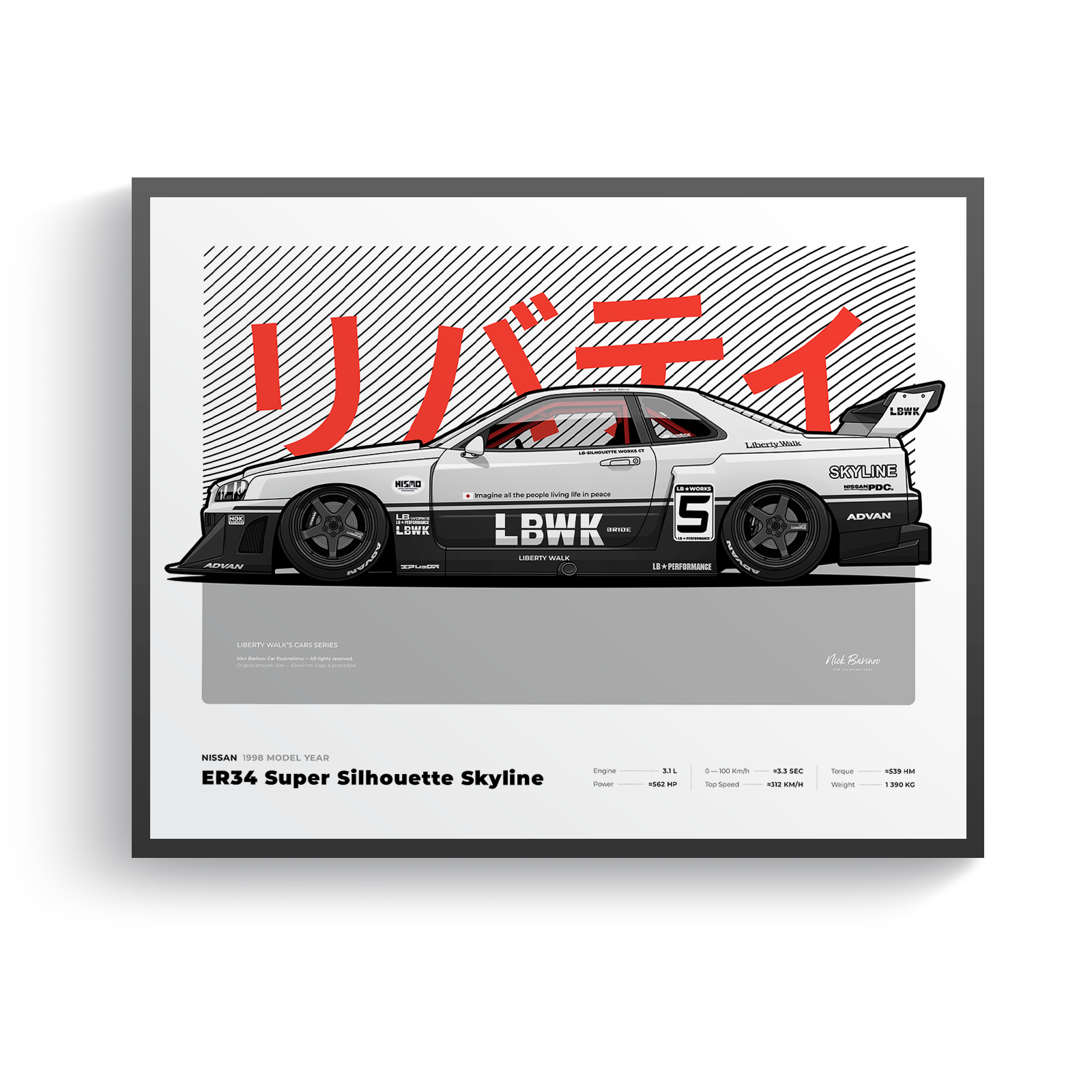 Плакат, постер с авто в раме Nissan ER34 Super Silhouette Skyline — Liberty Walk / плакат на стену (40х50см)