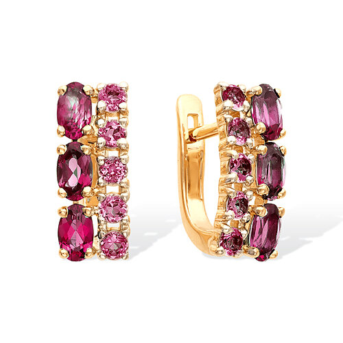 Серьги, золото, 585 проба, родолит