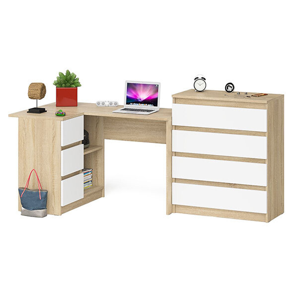 Стол компьютерный Мори МС-16 левый + Комод МК800.4, цвет дуб сонома/белый