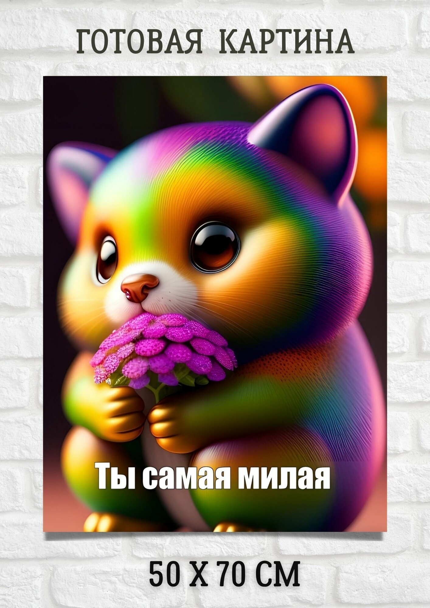 Картина интерьерная с поздравлением от котика - "Ты самая милая"