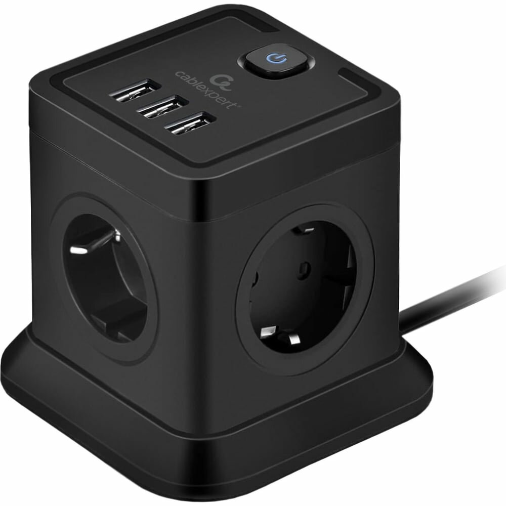 Сетевой фильтр Cablexpert Tower 4р, 10А, 3xUSB, 3.1А, 2м, ур. защиты 2+, черный, коробка TWR-4-U3-B-2