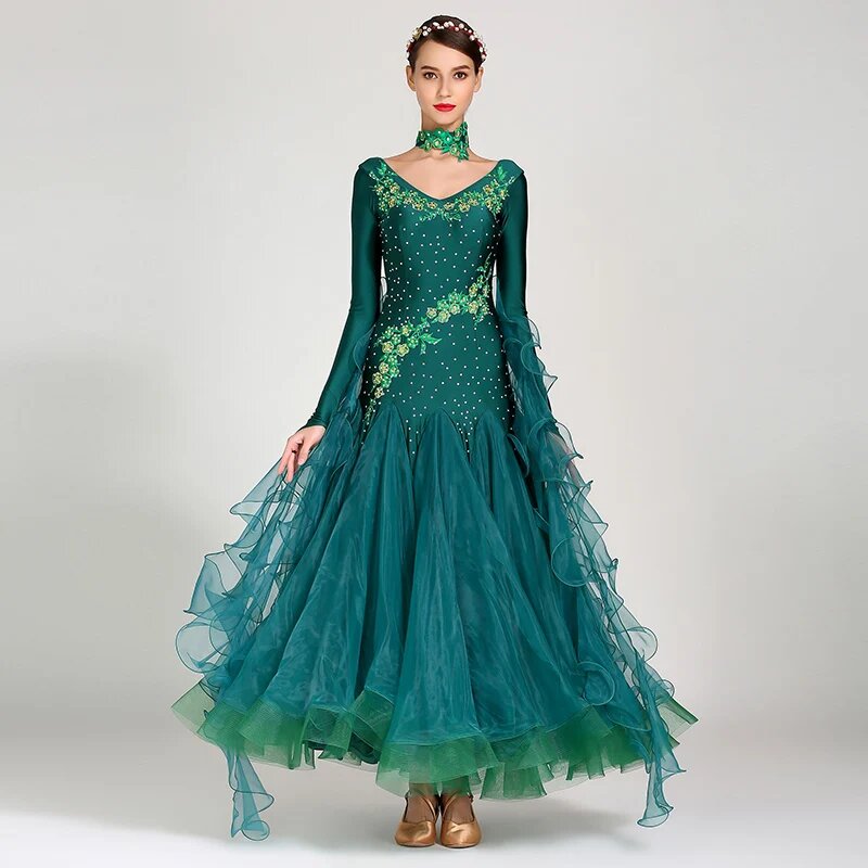 Платье для бальных танцев Lycra, spandex, organza для женщин Изумрудный, М, Dark Green