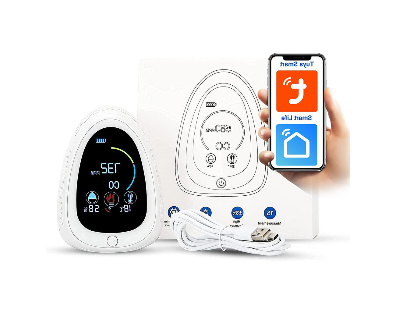 Умный многофункциональный датчик Tuya Wi-Fi детектор воздуха 3 в 1 Model: HT-03(31) WT (Z60849MU): Емкость аккумулятора: 1400 мАч