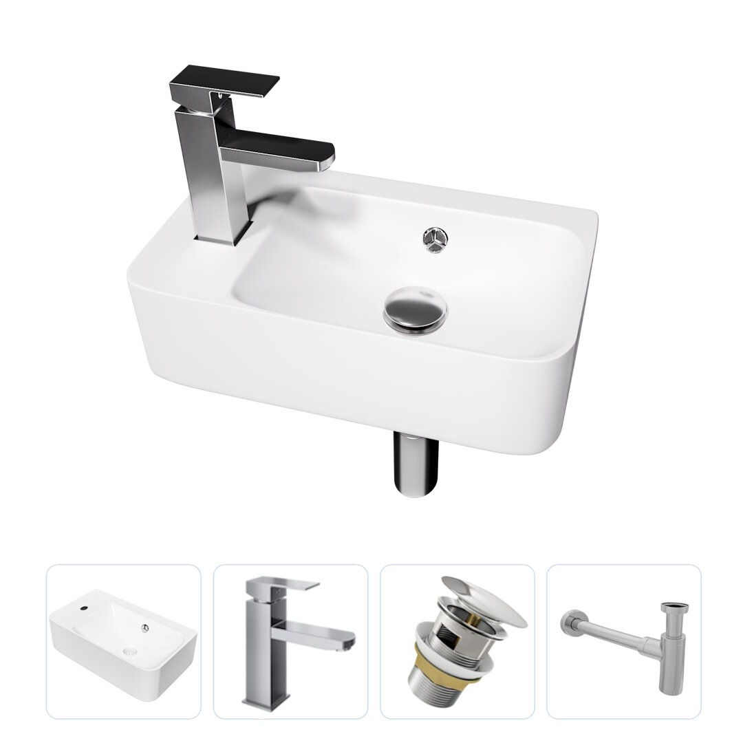 Раковина подвесная для ванной Teymi Hanna 45 левая в комплекте смеситель хром донный клапан клик-клак с переливом хром и сифон хром F13068