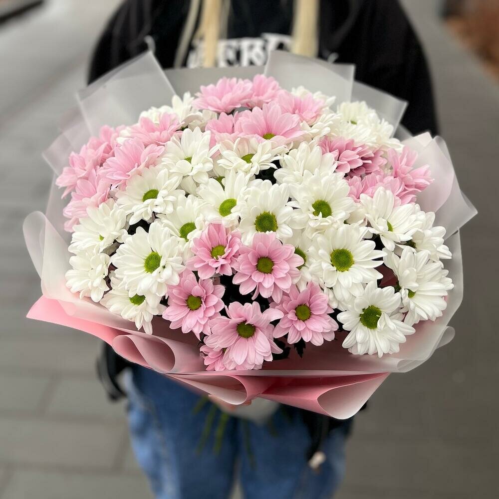 Букет из белых и розовых кустовых хризантем в пленке- Римская Роза