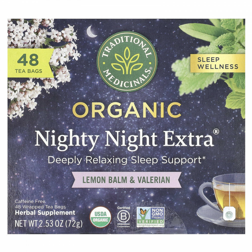 Traditional Medicinals, Organic Nighty Night Extra®, мелисса лекарственная и валериана, без кофеина, 48 чайных пакетиков, 72 г (2,53 унции)