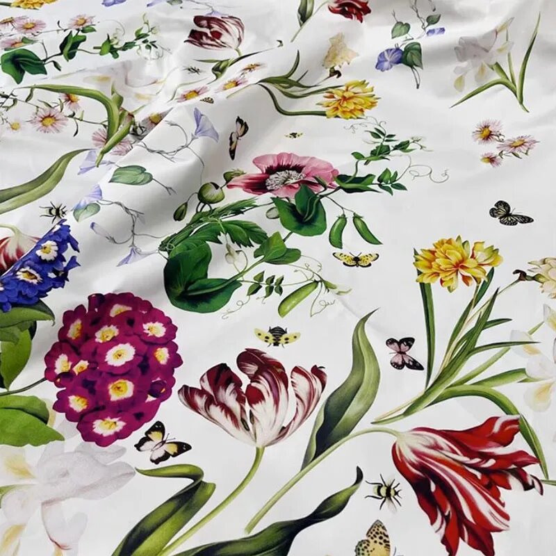 Хлопковая парча с цветочным принтом для пошива платьев Cotton Sateen, белый