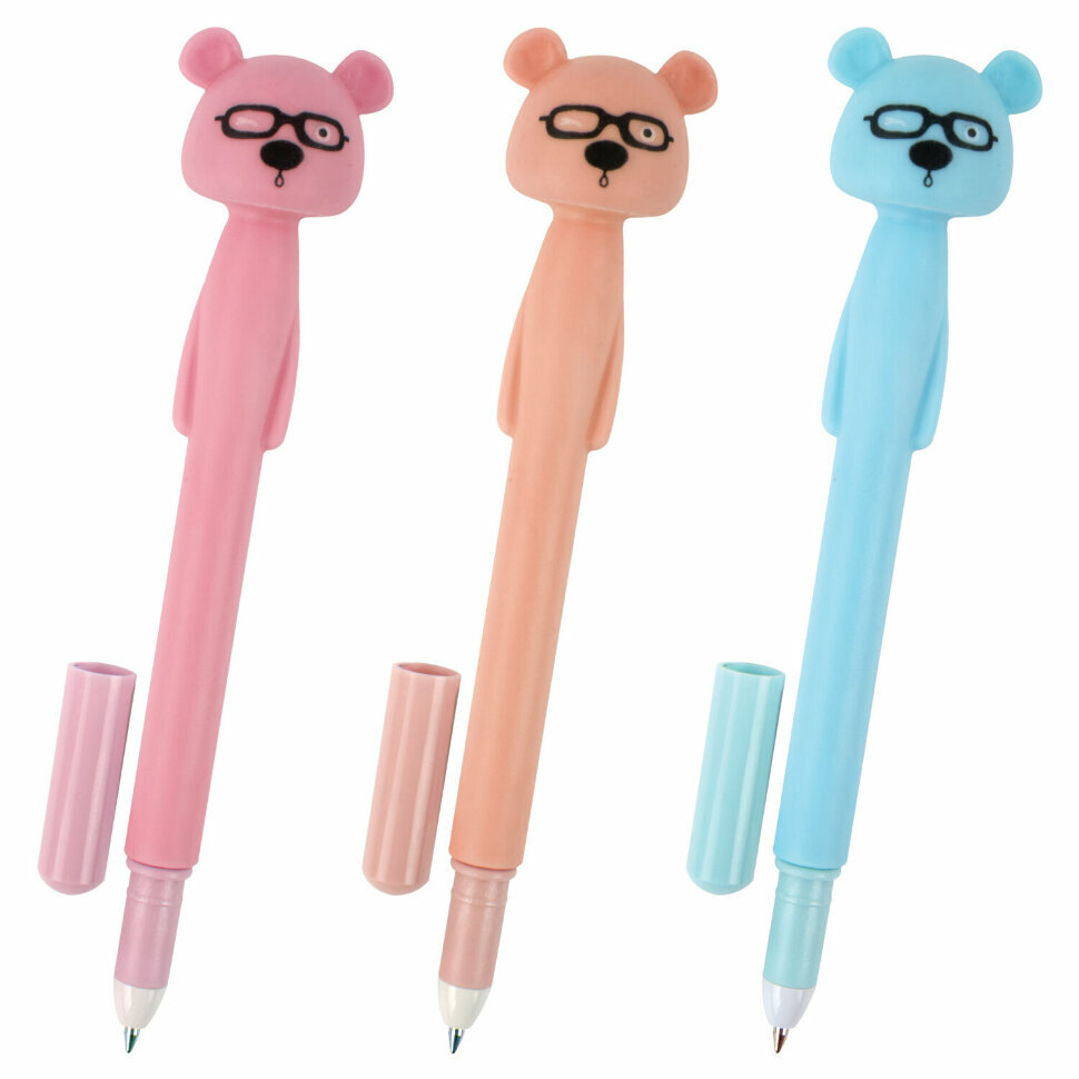 Ручка фигурная шариковая юнландия "Мишка", мягкий силиконовый корпус, ассорти, синяя, пишущий узел 0,7 мм, 143780, 12 штук, 143780