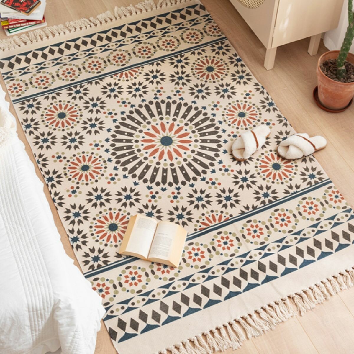 Тонкий хлопковый ковер, половик на кухню, прикроватный коврик с кистями, 115х180