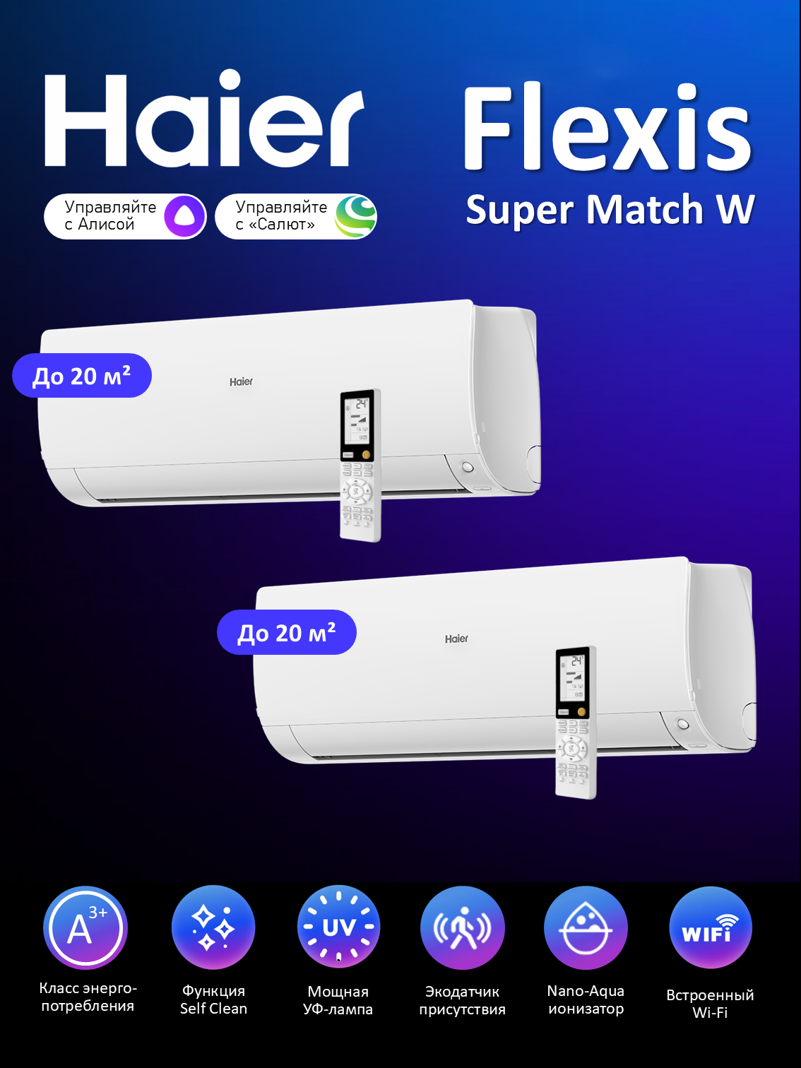 Мульти сплит система Haier Flexis Super Match AS25S2SF3FA-Wх2/2U40S2SM1FA на 4кВт, на 2 комнаты 20 и 20 м2, А++, белый