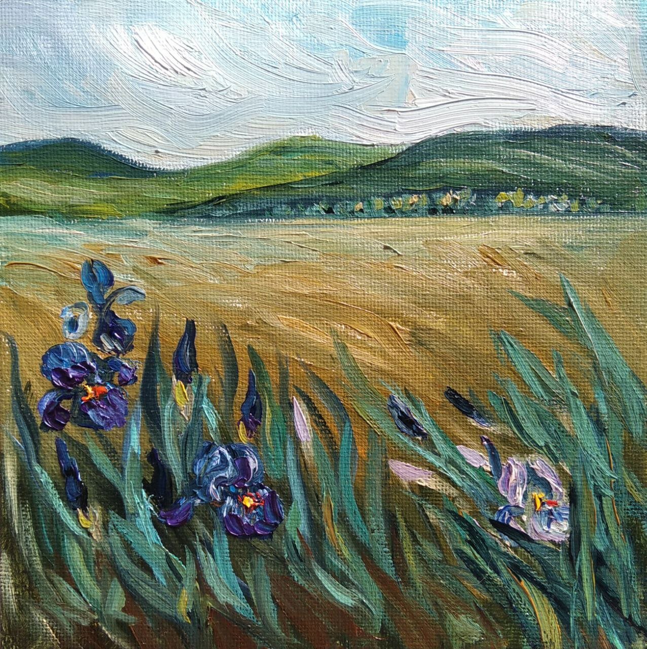 Картина Маслом Холст на Картоне Размеры 15ч15 см Луговой Пейзаж Абстракция