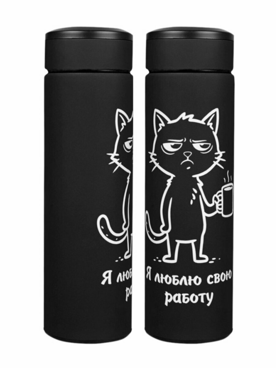 Термос «Кот с кружкой. Офисный работник. Мем» (черный)