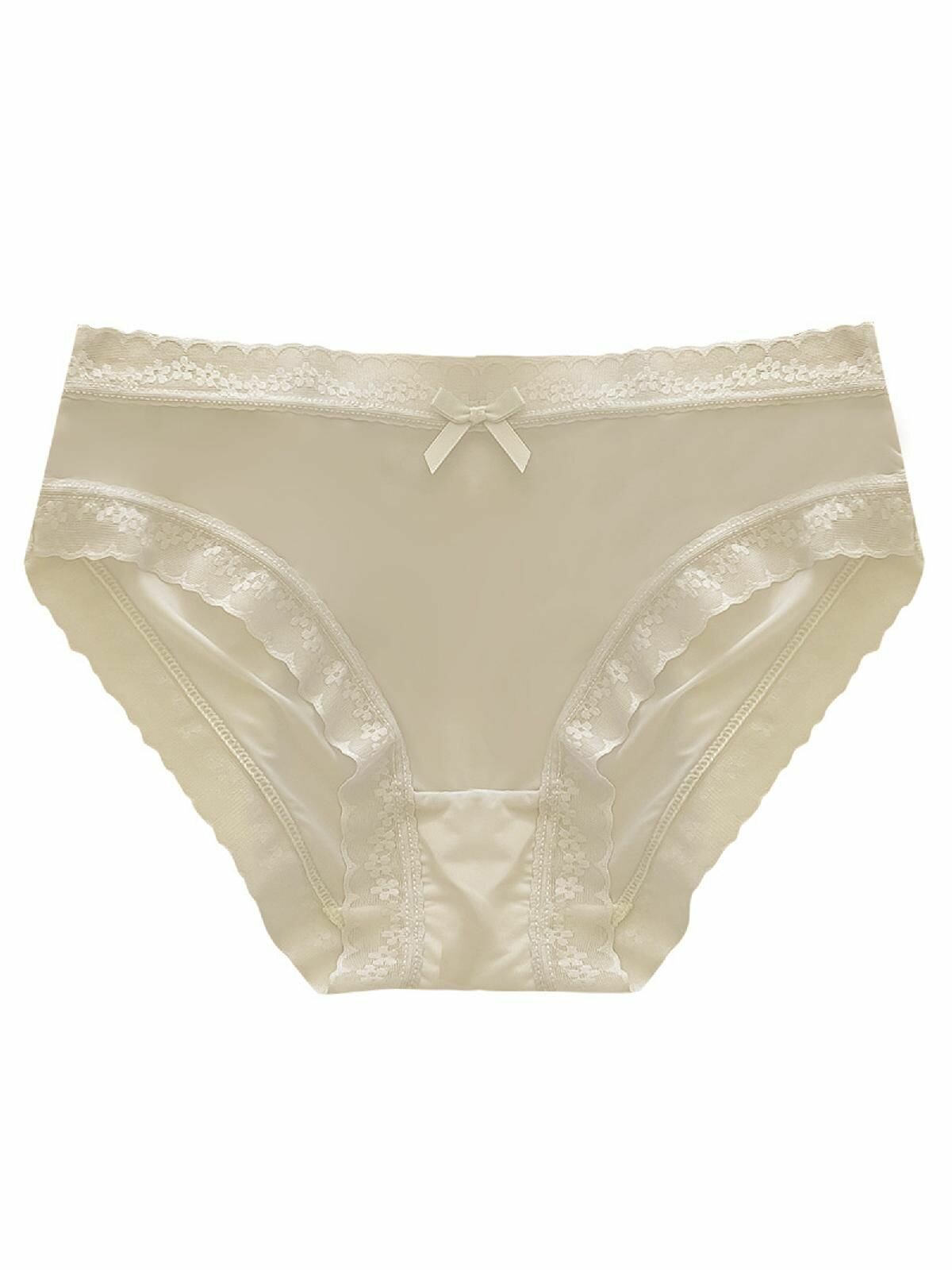 Женские трусики из ледяного шелка с цветочным кружевом и бантом, абрикосовый - L