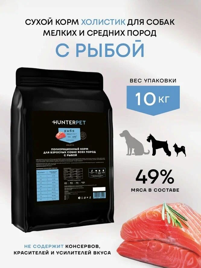 Сухой корм с мелкой гранулой для взрослых собак с рыбой 10 кг, холистик