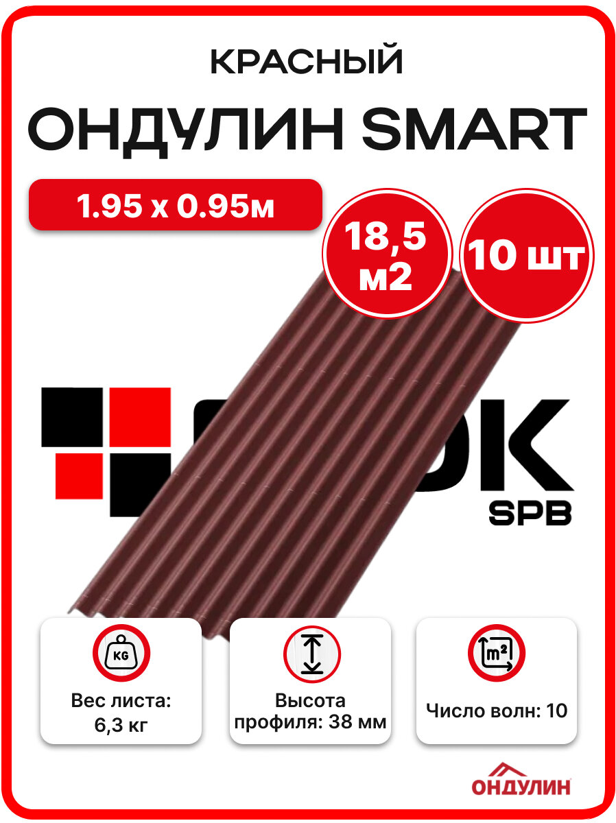 Ондулин SMART для кровли 1,95х0,95м красный - 10 листов 18,5м2