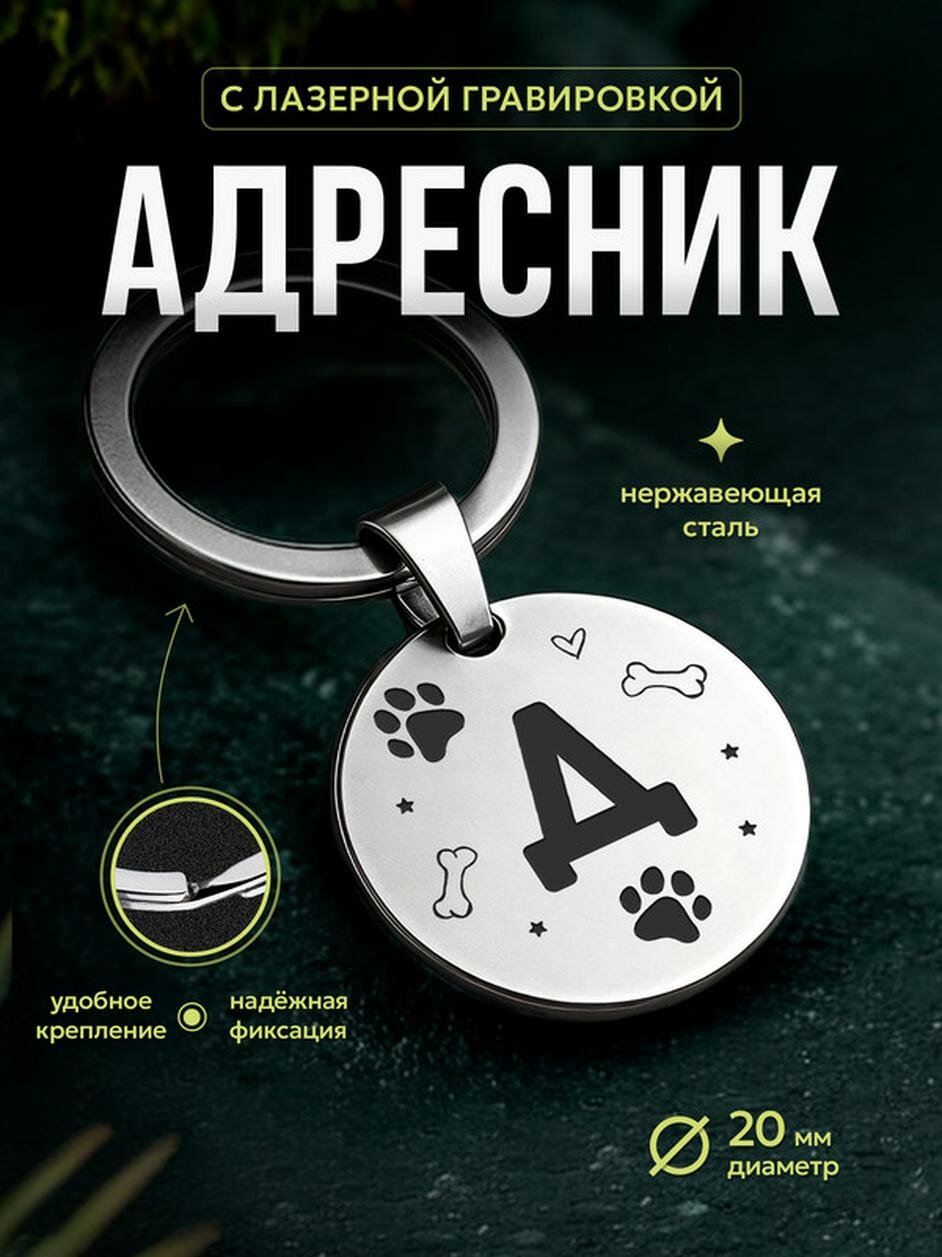 Адресник для собаки и кошки, круглый, серебристый, русская буква Д