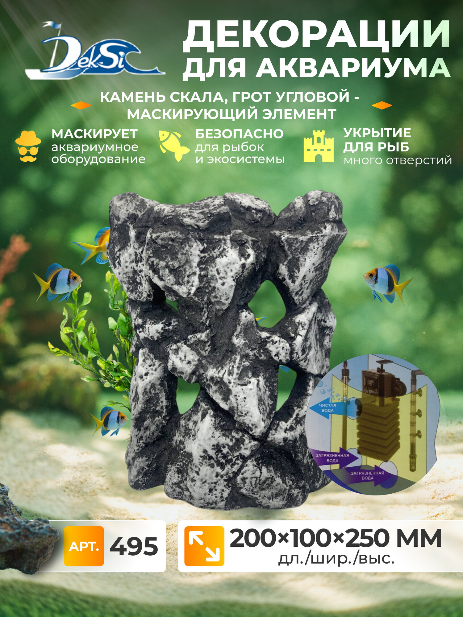 Декорация для аквариума Камень Скала, грот DEKSI 495 маскирующий элемент для фильтра и обогревателя